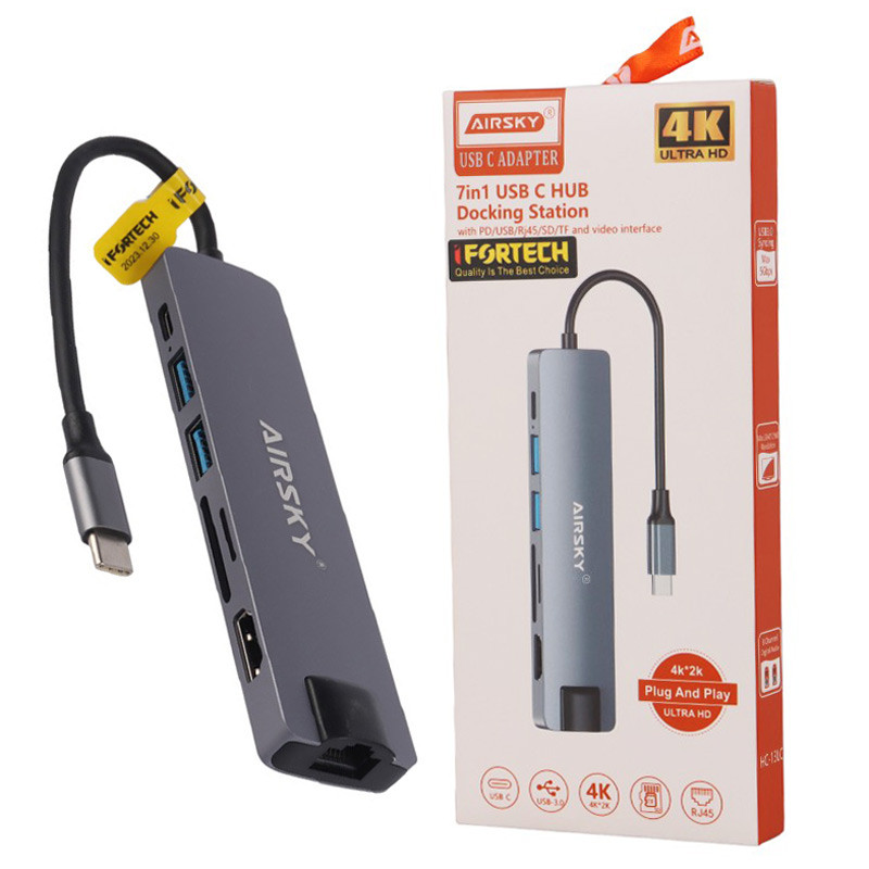 هاب و رم ریدر 7 پورت تایپ سی به Ifortech USB2.0/USB3.0/HDMI/RJ45/TF/SD/Type-C PD مدل HC-13LC